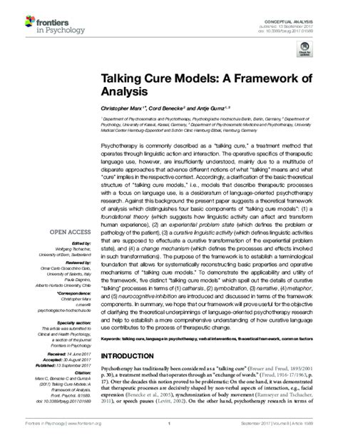 Pdf Talking Cure Models A Framework Of Analysis