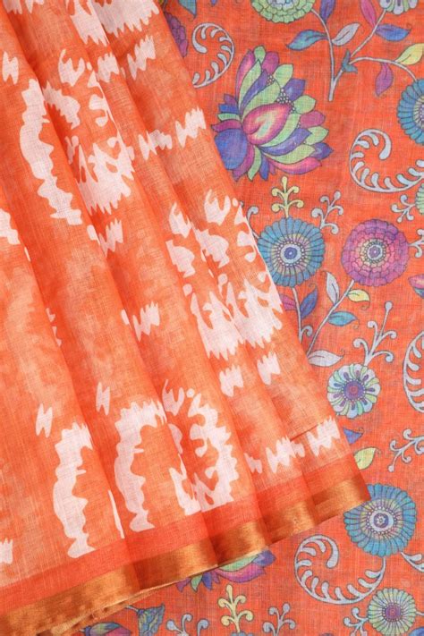Tangerine Orange Linen Saree With Without Zari Zari Pathik Motifs