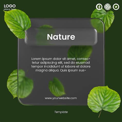 Premium Psd Post Social Media Of Glassmorphism Design With 3d Leaf Rendering