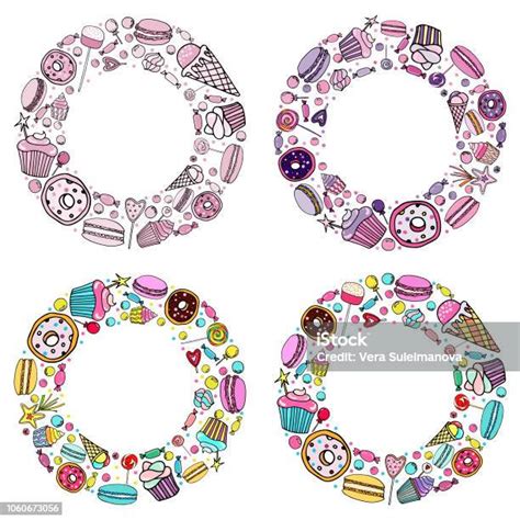 사탕 아이스크림 사탕 도넛 컵 케 익 마카롱 엽서와 전단지 또는 로고에 사용할 수 있는 원에 다른 과자의 벡터 세트 도넛에 대한