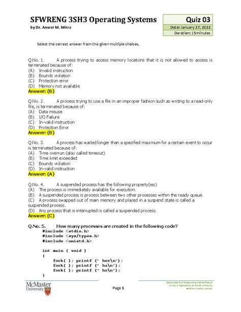 operating system quiz 3 solutions with answers sfwreng 3sh3