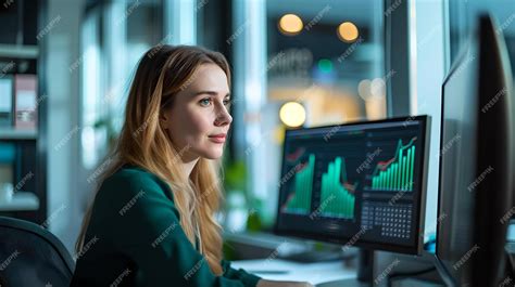 Premium Photo Focused Professional Woman Analyzing Data On Computer In Modern Office At Night