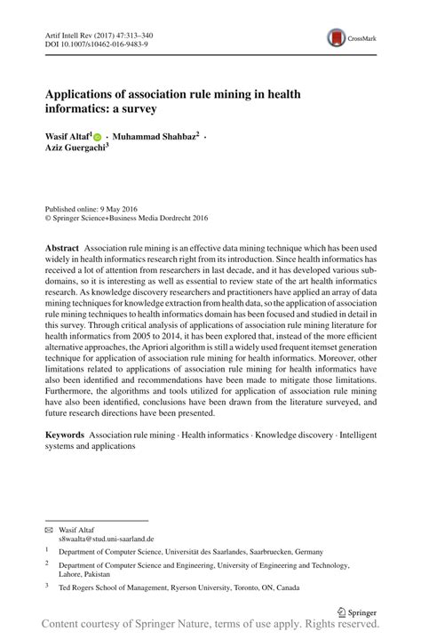 Applications Of Association Rule Mining In Health Informatics A Survey Request Pdf