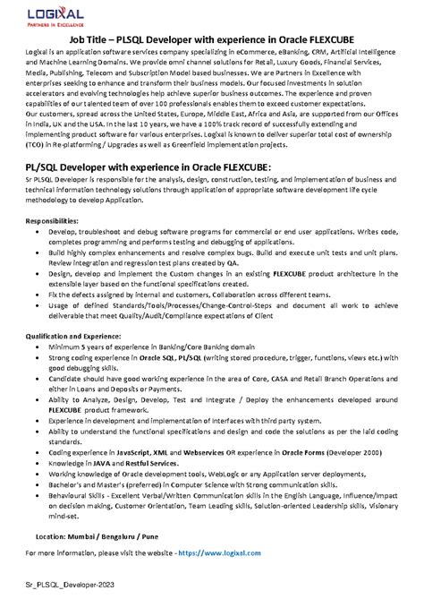 Plsql Flexcube Srplsqldeveloper 2023 Job Title Plsql Developer With Experience In Oracle