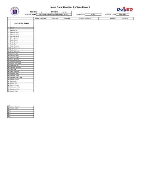 Input Data Sheet For E Class Record Region Division School Name School Id School Year Pdf