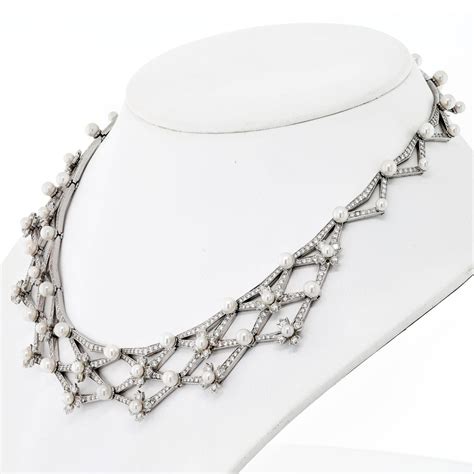 Tiffany And Co Platinum Diamond And Pearl Collar Bib Necklace For Sale