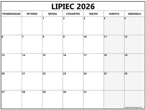 Lipiec 2026 Bezpłatny Kalendarz Do Druku Kalendarz Lipiec