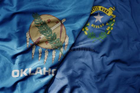 Big Waving Colorful National Flag Of Nevada State And Flag Of Oklahoma