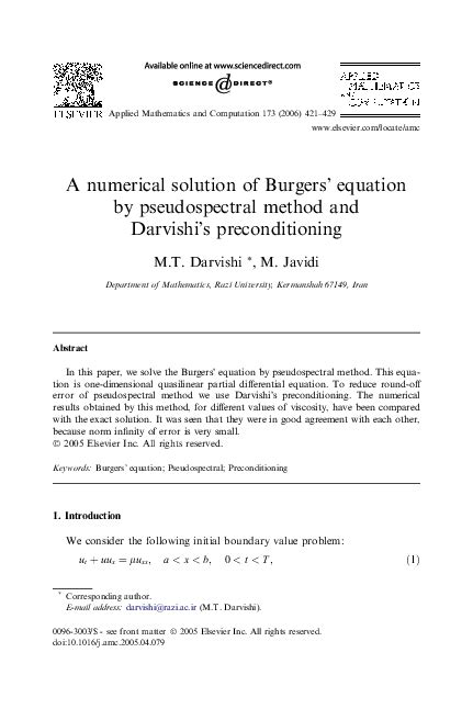 pdf a numerical solution of burgers equation by pseudospectral