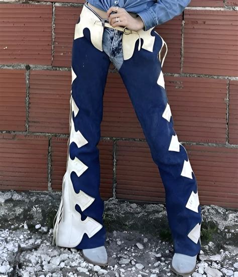 Handmade Cowgirl Chap Buck Skin Suede Blue Leather Pant Rodeo Chap