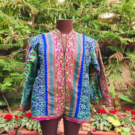 Coat Style With Zip Collar Neck Silk Embroidered Jackets Size Xl At