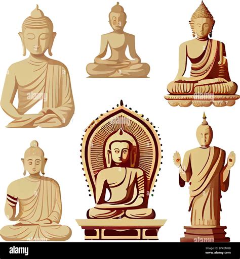 Set Vector Illustration Of Buddah Figurine Of A Deity Isolated On White Background Stock Vector