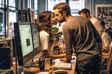 premium photo a man and a woman programmers kissing in front of a computer couple in love