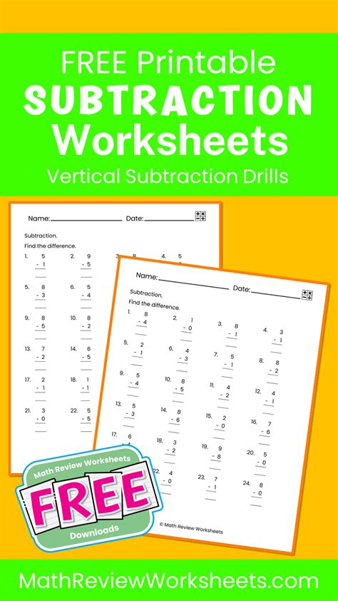 Subtracting Vertical Numbers 0 9 Math Review Worksheets