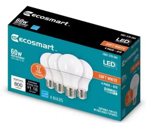 Ecosmart Led Light Bulb 60w Equivalent 800 Lumens Dimmable E26 Base