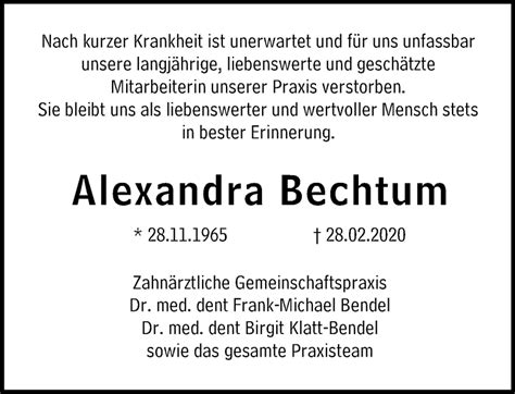 Traueranzeigen Von Alexandra Bechtum Vrm Trauer De