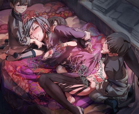 Oota Sukari 1girl 3boys Bar Censor Breasts Censored Chinese