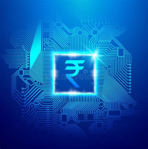 Digital Rupee Symbol Embedded In Glowing Microchip With Blue Electronic Circuit Board