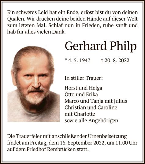 Traueranzeigen Von Gerhard Philp Trauer Op Online De