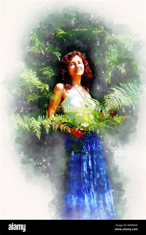 Red Haired Dreaming Hippie Girl In Wild Bracken Plants And Softly