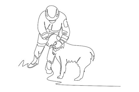Dibujo Continuo De Una Línea Del Equipo De Rescate Ayuda Al Perro