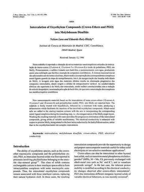 Pdf Intercalation Of Oxyethylene Compounds Crown Ethers And Peo Into Molybdenum Disulfide