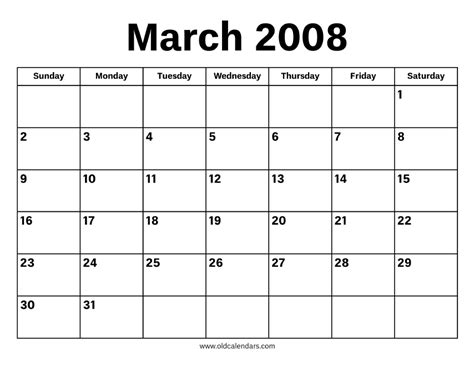 March 2008 Calendar Printable Old Calendars
