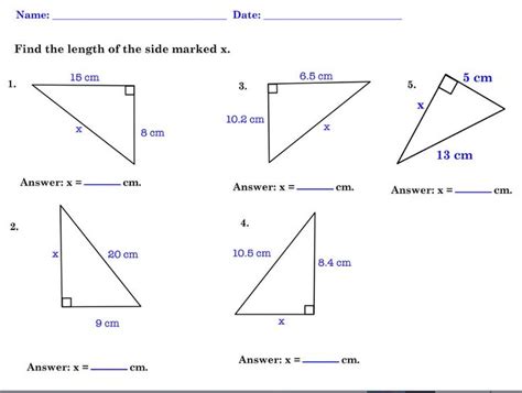 pythagoras theorem worksheet for finding missing sides