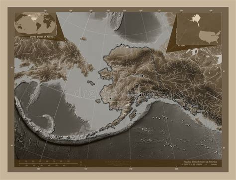 Alaska United States Of America Sepia Labelled Points Of Citi Stock