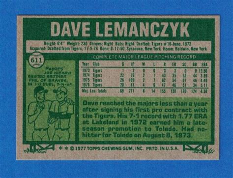 1977 Topps 611 Dave Lemanczyk Nm Toronto Blue Jays Ebay