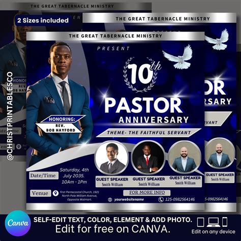 Editable Pastor Anniversary Flyer Blue And Silver Anniversary Flyer