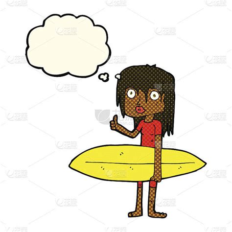 卡通冲浪者女孩与思想泡沫