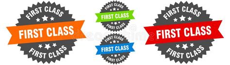 First Class Sign Round Ribbon Label Set Seal Stock Vector