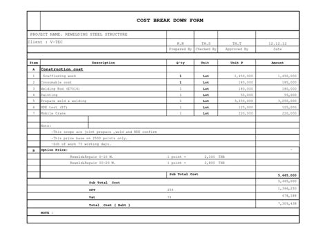 Cost Break Down Form Project Name Rewelding Steel Structure Client V