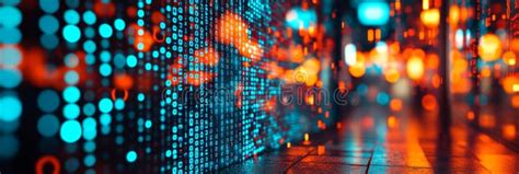 Binary Code Streams Through Cityscape Technology And Urban Life