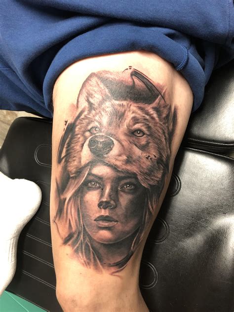 Girl With Wolf Headdress Tattoo