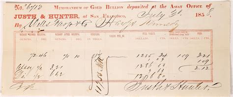 Ssca Justh And Hunter Assay Receipt 1858 173244 Holabird Western
