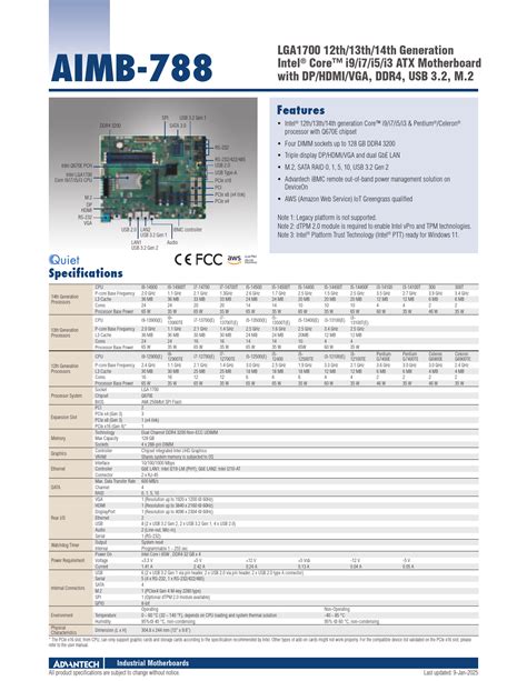 Advantech Aimb 788 Specs Features And Compatibility User Manual