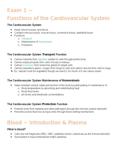 Anatomy Exam 1 Notes Exam 1 ~ Functions Of The Cardiovascular System