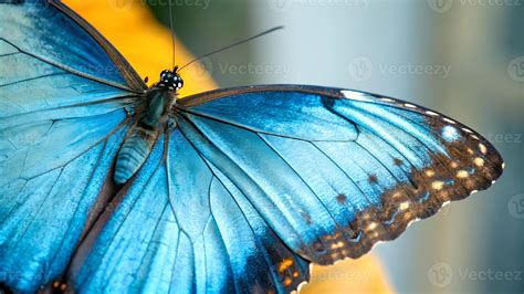 Close Up Of Blue Morpho Butterfly On Tree Bark Highlighting Vibrant