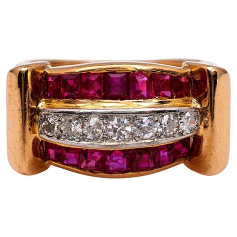 Retro Ruby Diamond 18k Yellow Gold Tank Ring For Sale At 1stdibs
