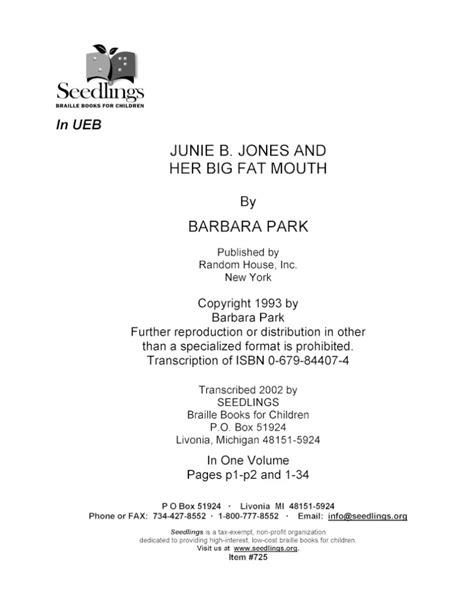 Junie B Jones And Her Big Fat Mouth Junie B Jones 3 Seedlings