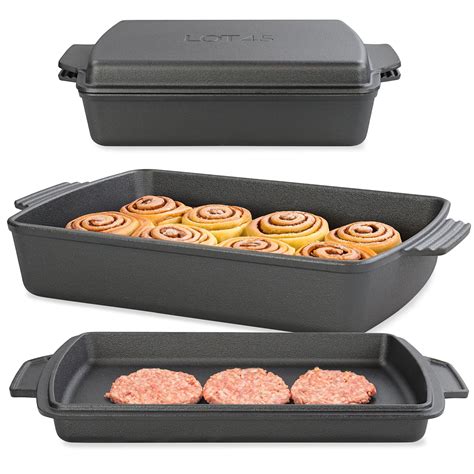 Lot45 Large Cast Iron Cookware Braiser Pan 9x13in With Griddle Lid