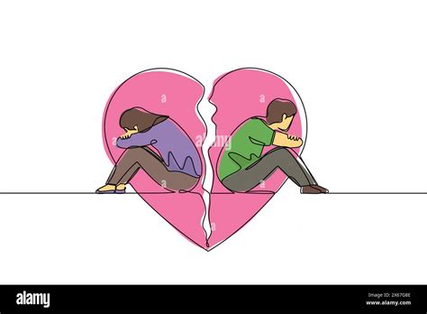 Single One Line Drawing Couple Of Man And Woman Sitting Back To Back Sad And Angry On Each
