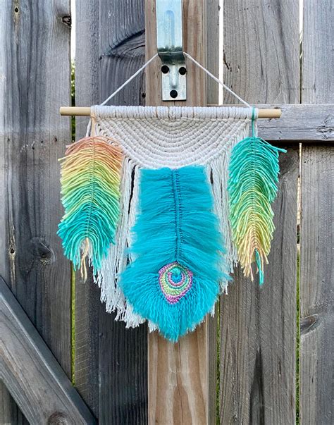 Macrame Feathers Peacock Feather Wall Decor Semi Lunar Etsy