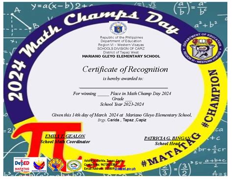 Math Champ Day 2024 Recognition Certificate Grade Studocu