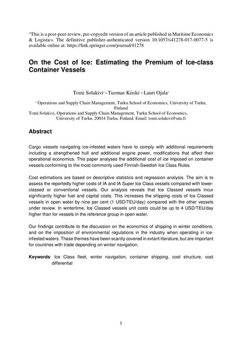 Pdf On The Cost Of Ice Estimating The Premium Of Ice Class Container