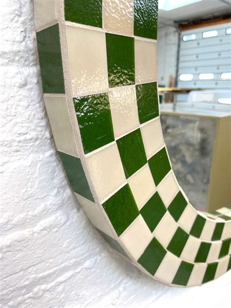 Modern Checkered Mosaic Oval Mirror With Green And Ivory Glass By