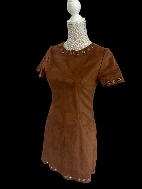 Womens Vintage Brown Eyelet Metal 60s 70s Style Mini Dress Faux Suede Retro Mod Psych Go Go Girl