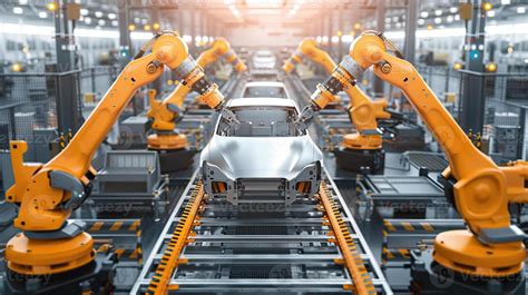 Industrial Robots Assembling Cars In Side View Robots Efficiently